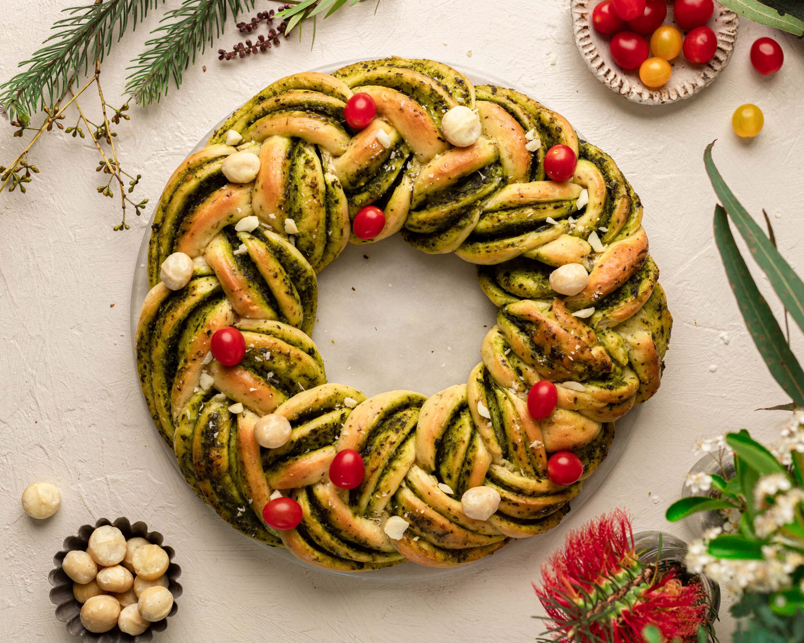 Macadamia pesto bread wreath - Australian Macadamias