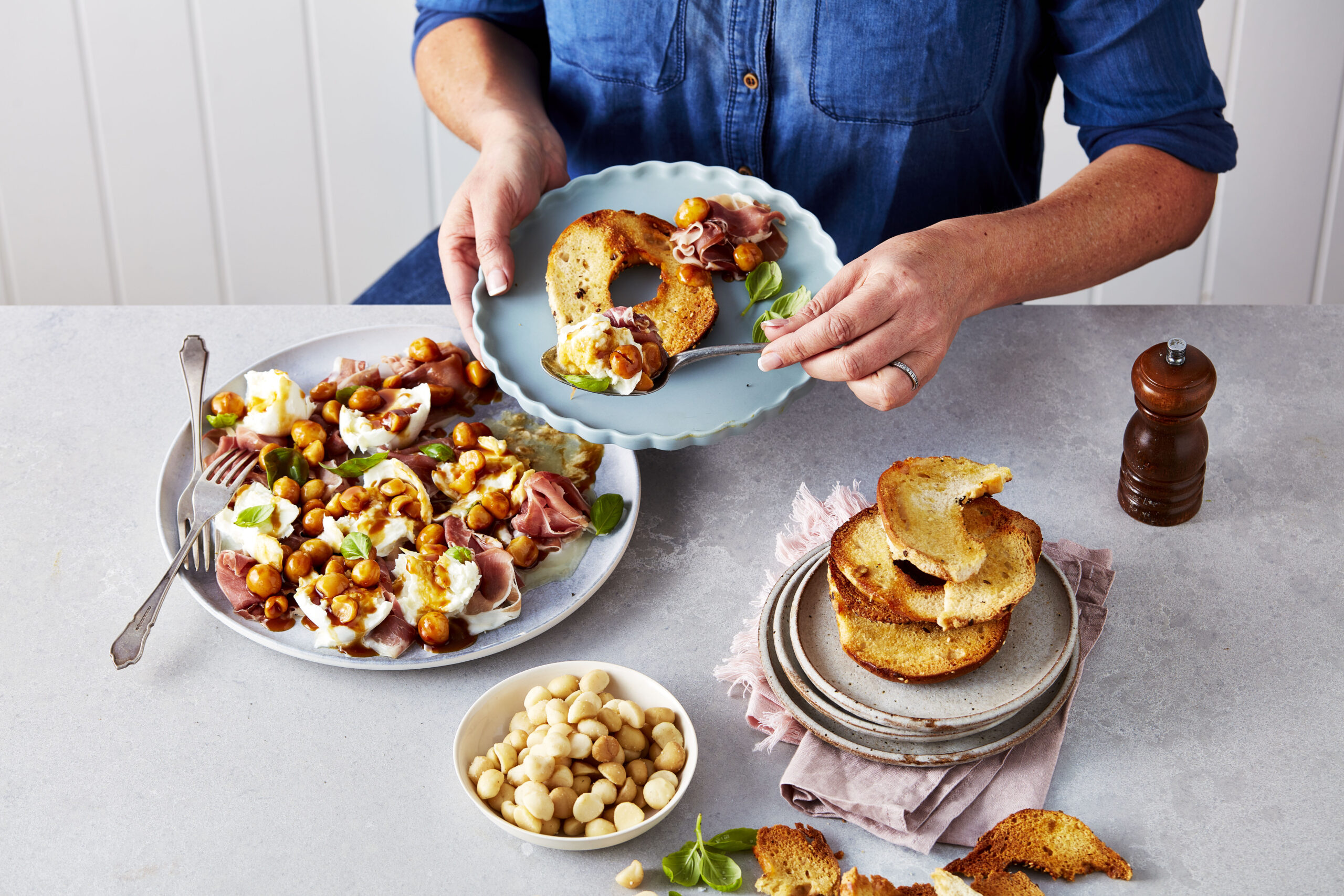 Scorched honey macadamias with buffalo mozzarella and prosciutto ...