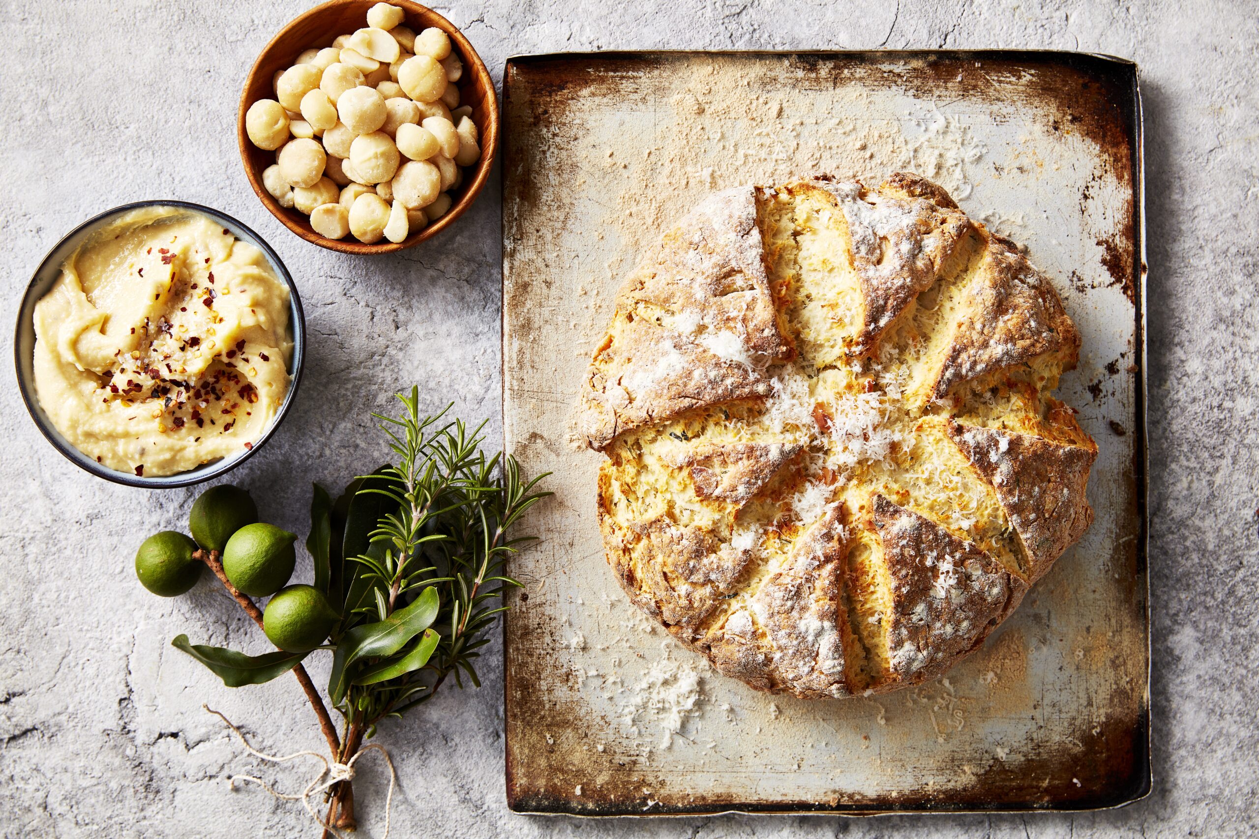 Macadamia and parmesan damper with chilli macadamia butter - Australian ...